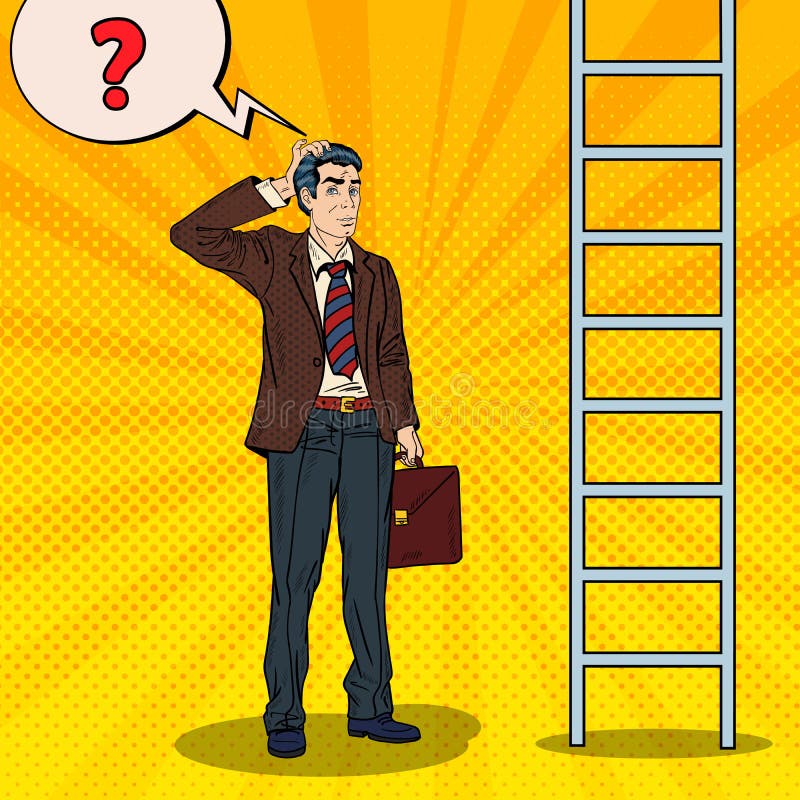Pop Art Doubtful Businessman Looking Up at Ladder Stock Vector ...