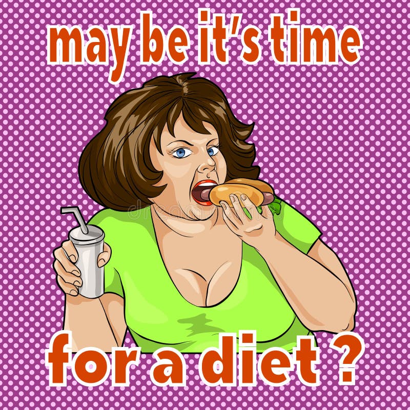 Pop Art Fat Woman Eating a Hamburger and Drinks. Stock Vector ...