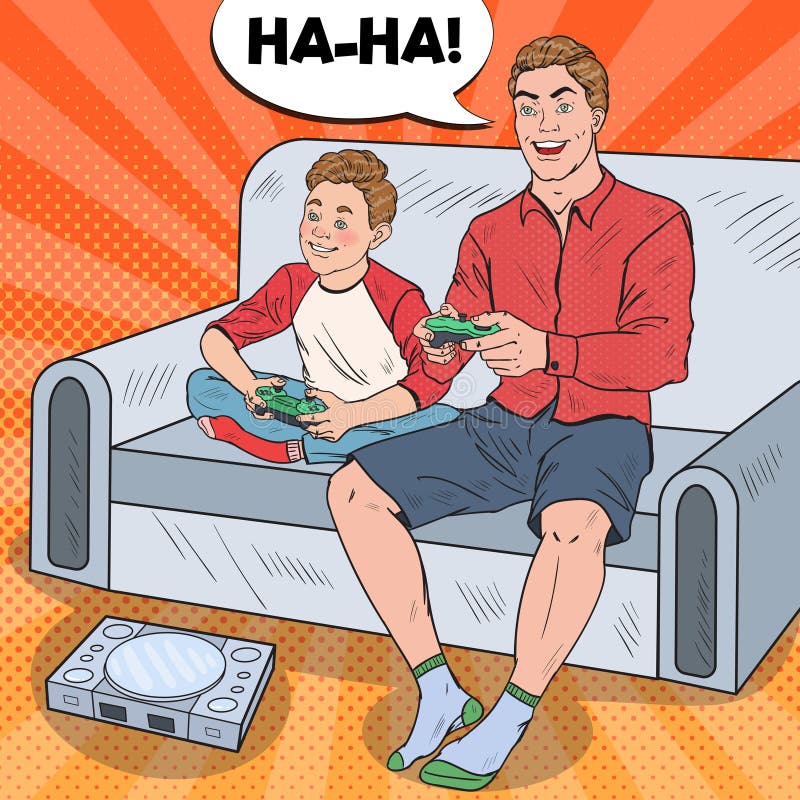 Pop Art Father and Son Playing Video Game on a Game Console. Stock ...