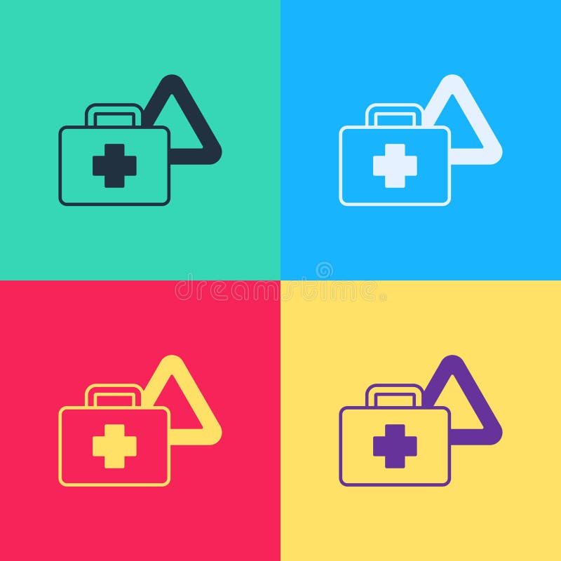Pop Art First Aid Kit and Warning Triangle Icon Isolated on Color ...