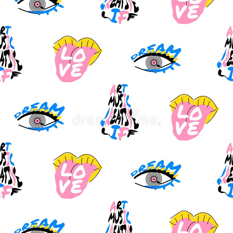Pop Art Fun Seamless Funky Pattern with Lettering Design. Stock Vector ...