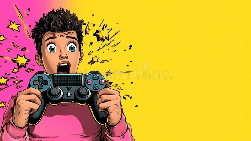 Pop Art Gamer Shocked with Controller: Vibrant Comic Book Elements and ...