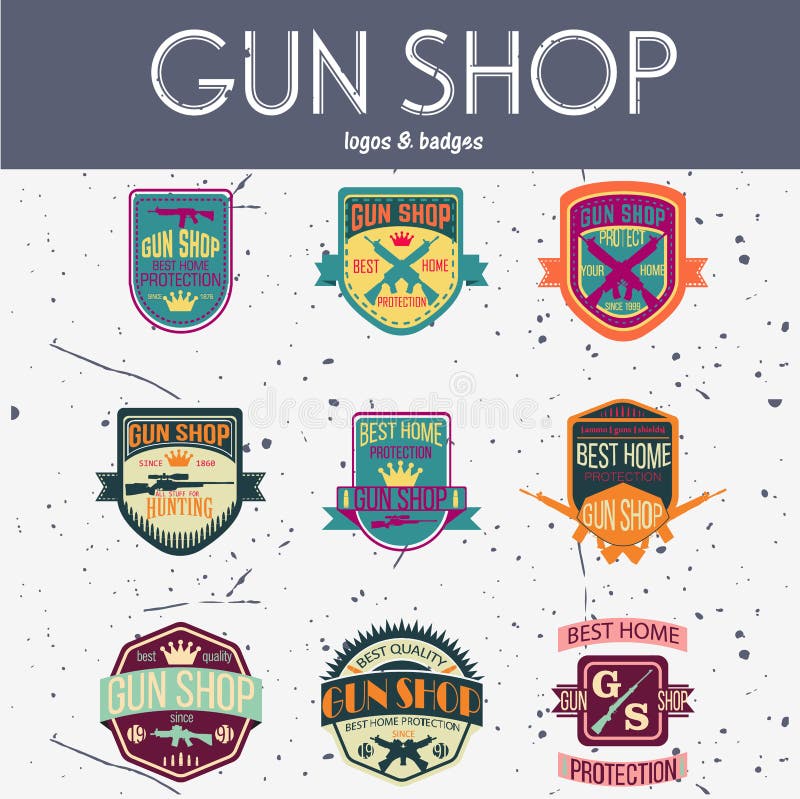 Pop Art Gun Shop Logotypes and Badges Vector Set Stock Vector ...