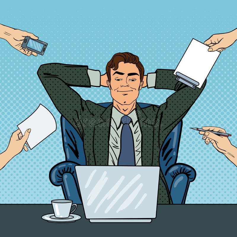 Pop Art Happy Businessman with Laptop at Multi Tasking Office Work ...