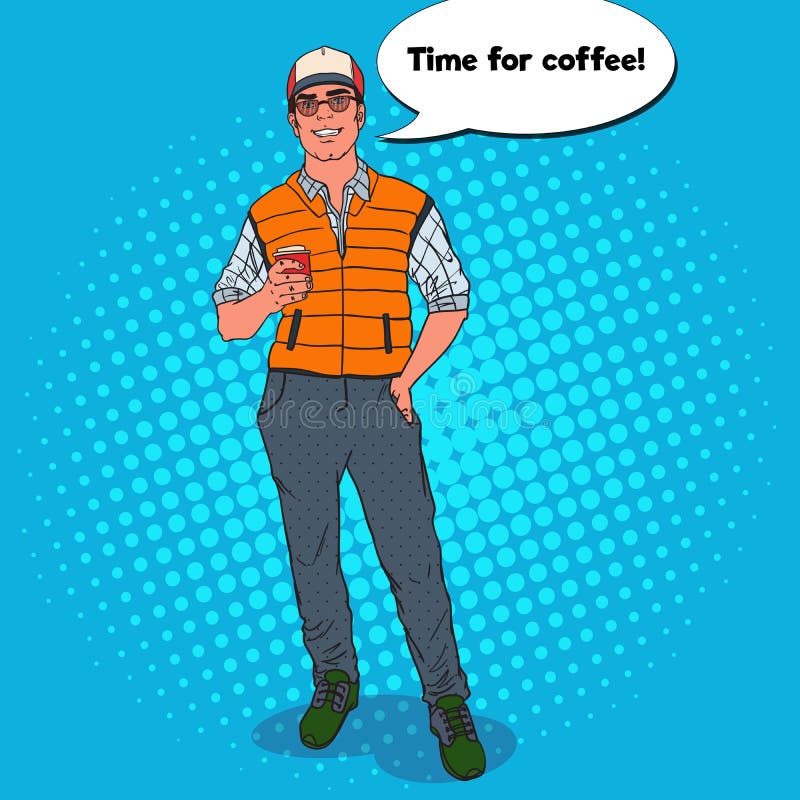 Pop Art Happy Cool Man with Cup of Coffee Stock Vector - Illustration ...