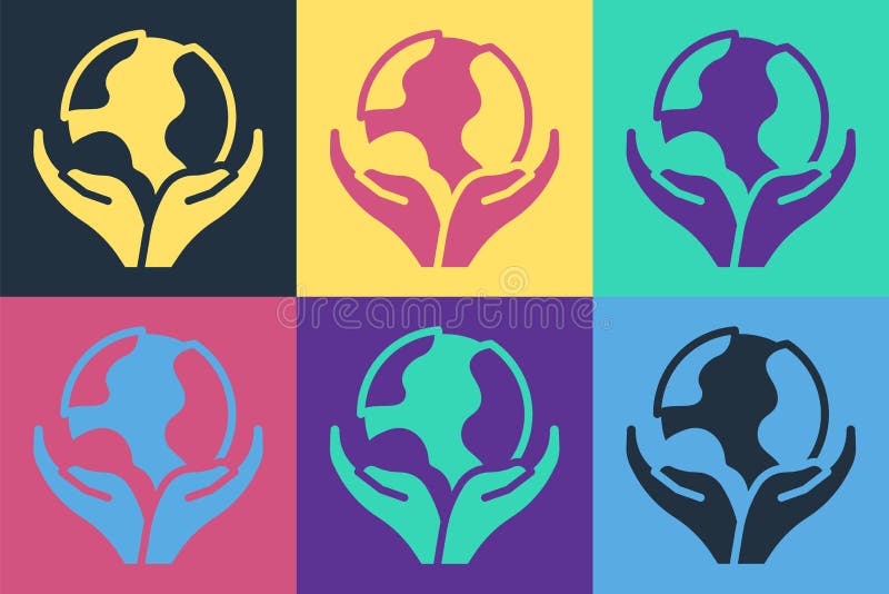 Pop Art Human Hand Holding Earth Globe Icon Isolated on Color ...