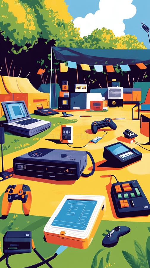 A Pop-art Illustration of a Springtime Tech Fair Showcasing New Gadgets ...