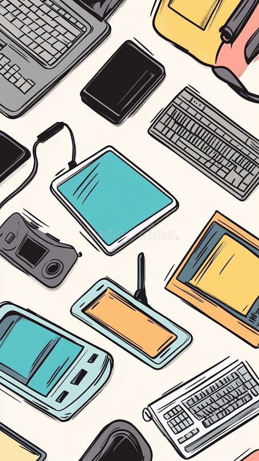A Pop-art Illustration of a Springtime Tech Fair Showcasing New Gadgets ...