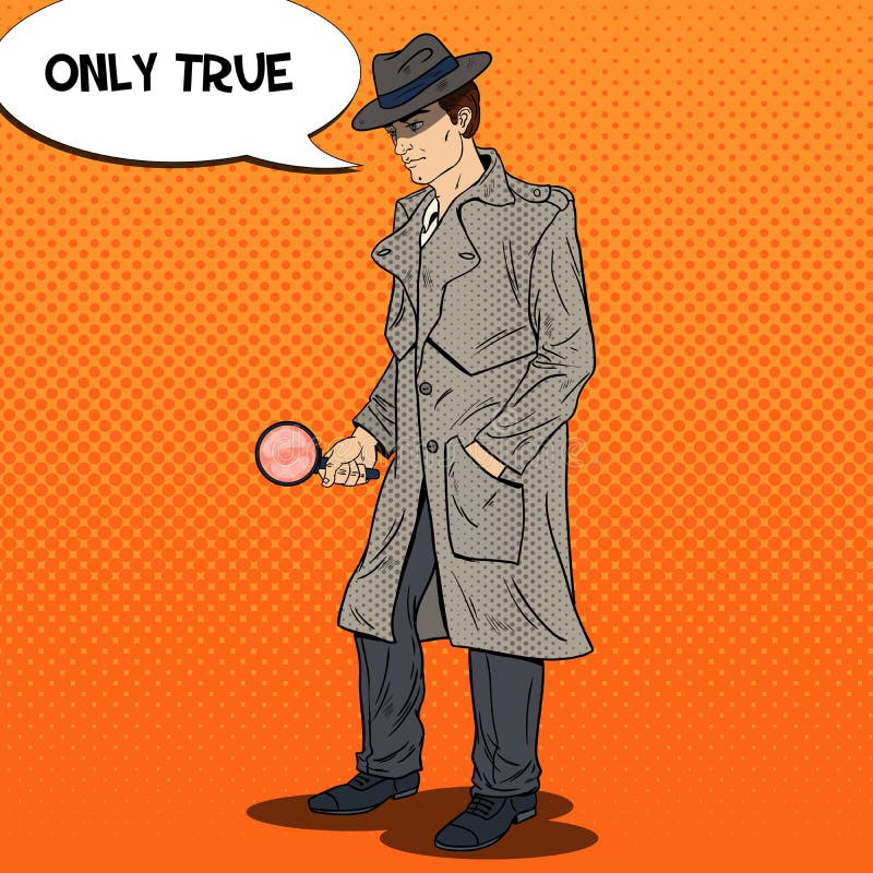 Pop Art Investigator Searching with Magnifying Glass Stock Vector ...