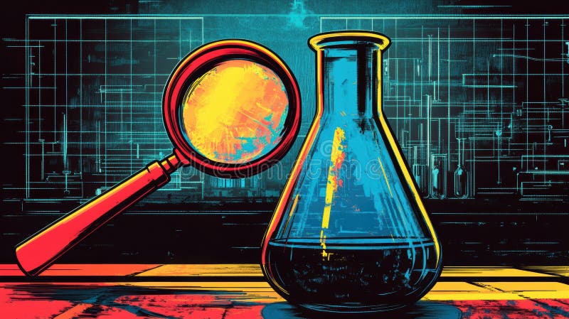 Pop Art Laboratory, Vibrant Pop Art Setting with Red Magnifying Glass ...