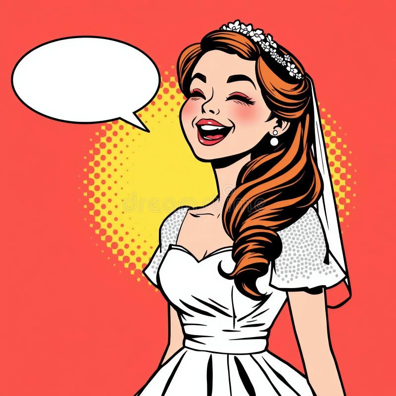 Pop Art Laughing Bride with Speech Bubble and Retro Background Stock ...