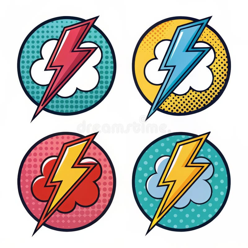 Pop Art Lightning Bolt Icons, Four Designs, Isolated on White ...