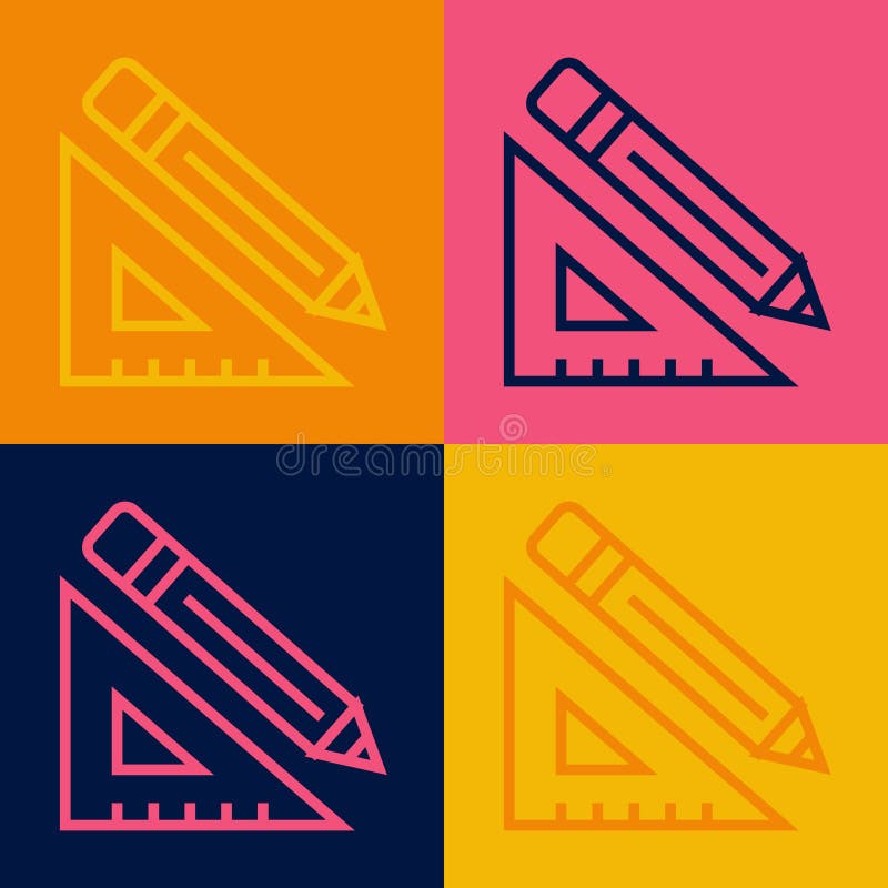 Pop Art Line Triangular Ruler and Pencil Icon Isolated on Color ...