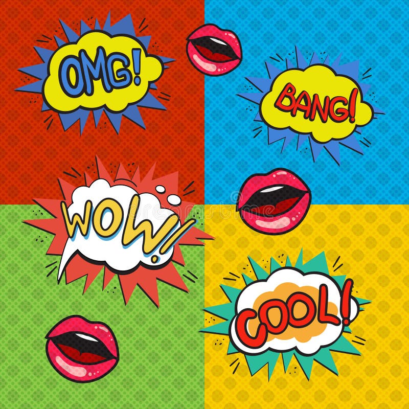 Pop art logos set stock vector. Illustration of banner - 92521368