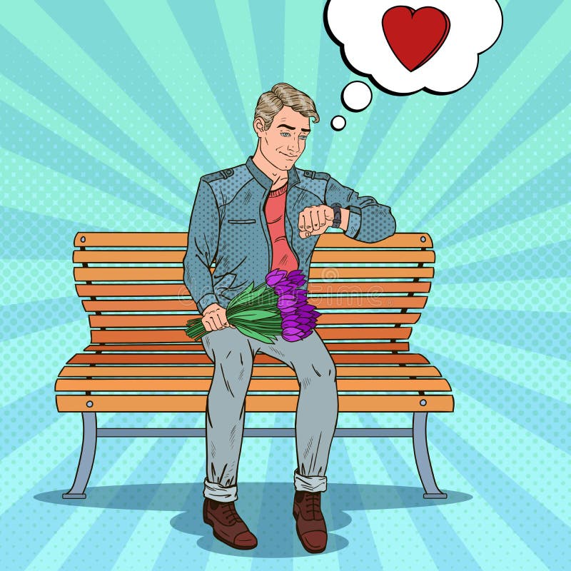 Pop Art Man with Bouquet of Flowers Waiting for Girlfriend Stock Vector ...