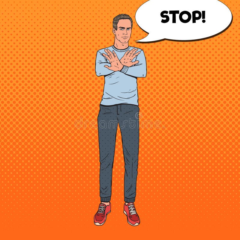 Pop Art Man Gesturing Stop Hand-Teken Guy Refusing Vector Illustratie ...