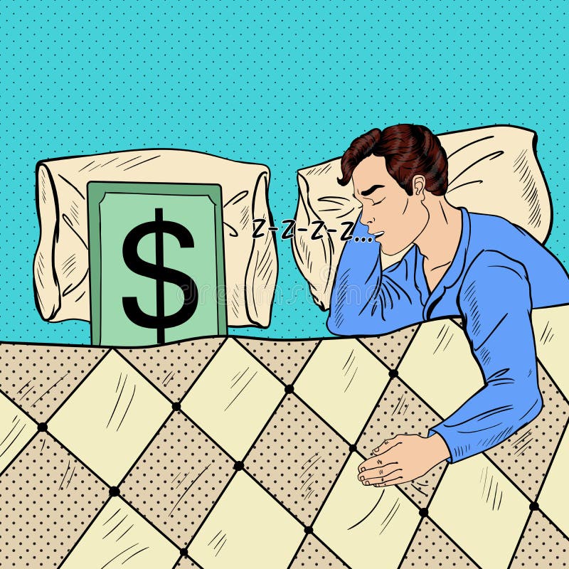 Man Sleeping in Bed with Money Bags. Pop Art Retro Illustration Stock ...