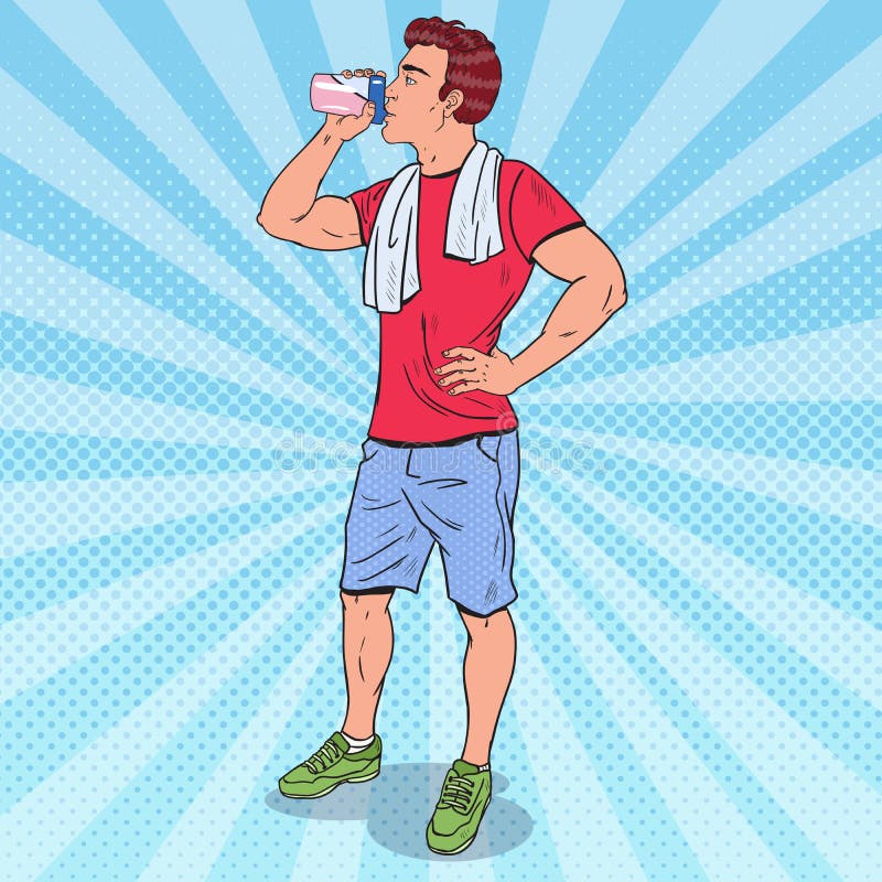 Pop Art Muscular Man Drinking Protein Shake. Nutrition Supplements ...
