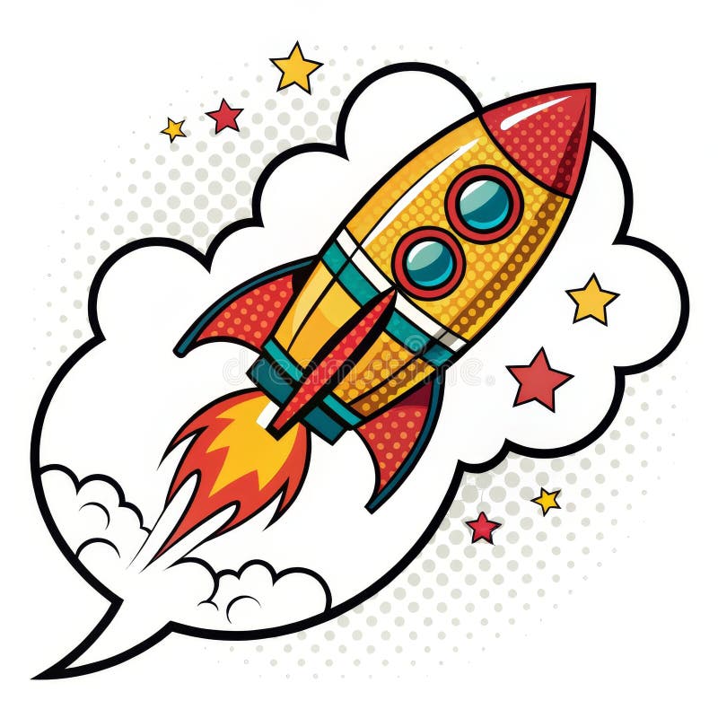 Pop Art Rocket Ship Illustration, Speech Bubble, Isolated on White ...