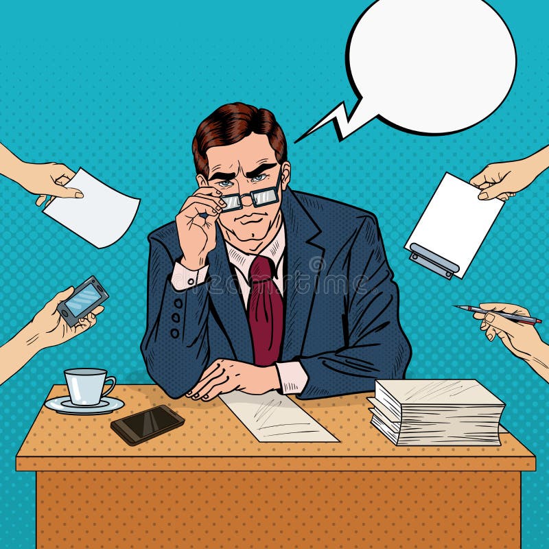Pop Art Serious Businessman with Eyeglasses at Multitasking Office Work ...