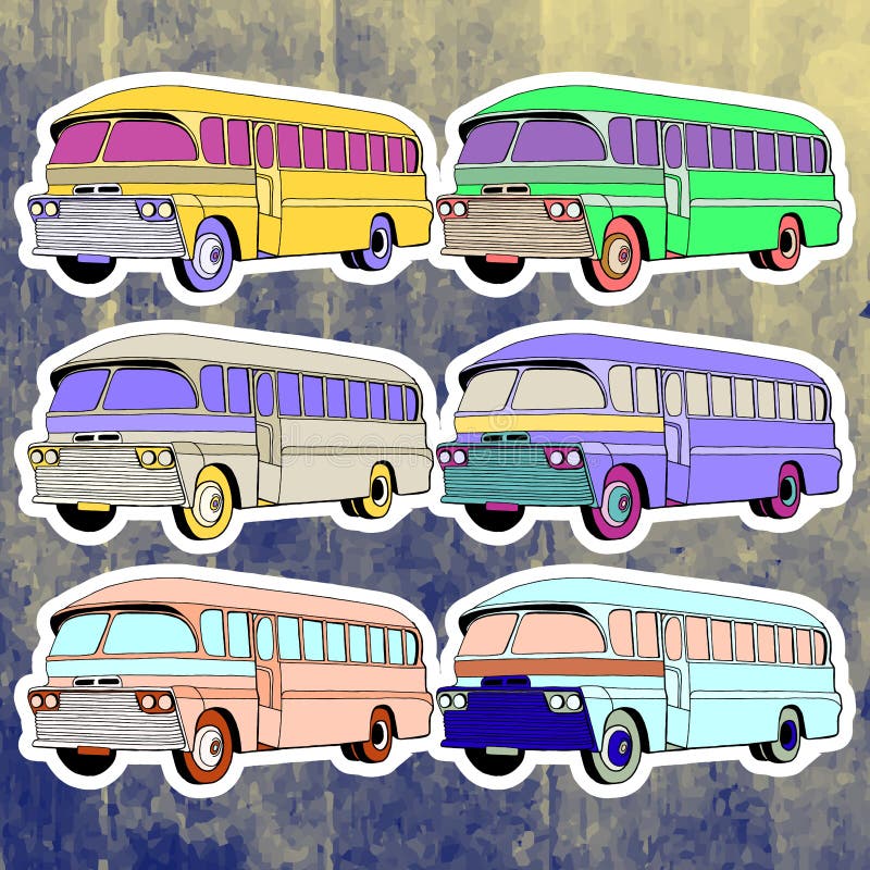 Pop Art Stickers Set. Hand Drawing Retro Bus Stock Vector ...