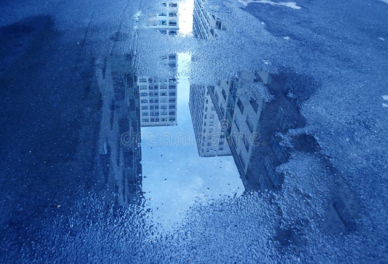 Pop Art Style Blue Colored High Buildings after Rain Reflecting on the ...