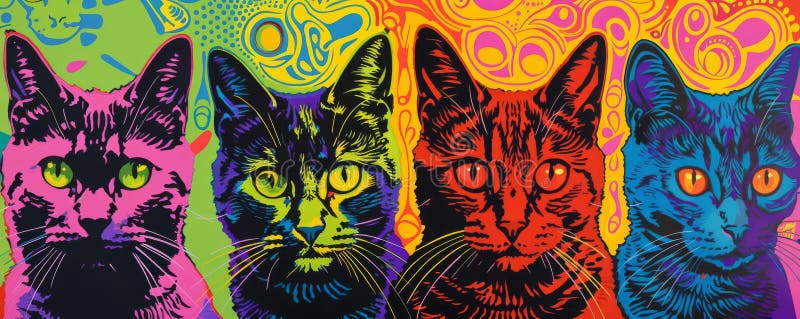 Pop Art Style Cats in Vibrant Colors, Psychedelic Pattern. Modern Art ...