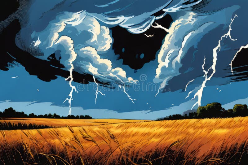 Pop Art Style Comic Book Panel of a Thunderstorm Over a Wheat Fi Stock ...