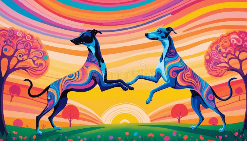Pop Art Style Greyhound Dogs Play in a Park at Sunset Stock Vector ...