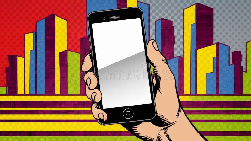 Pop Art Style Hand Holding Smartphone with Blank Screen in Retro Comic ...