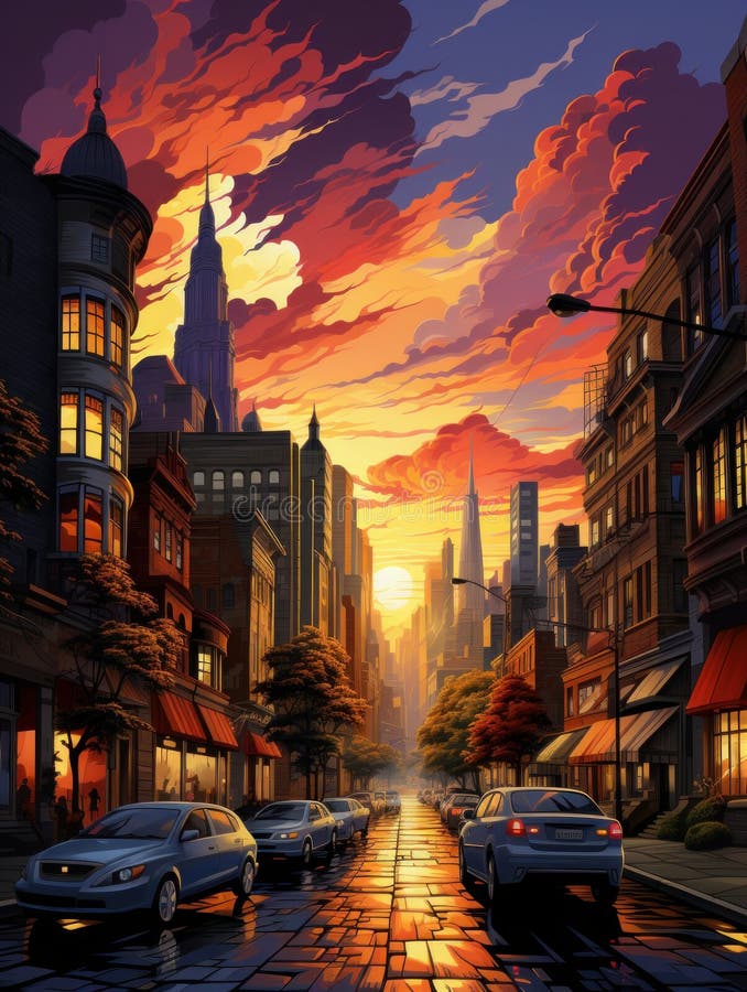 Pop Art Sunrise in the City Stock Illustration - Illustration of city ...