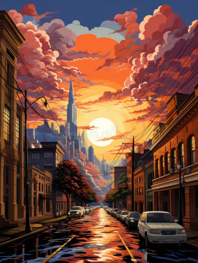 Pop Art Sunrise in the City Stock Illustration - Illustration of ...