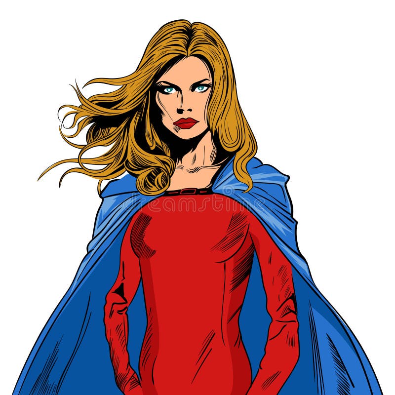 Pop Art Superhero Girl. Young Woman Dressed in Red Cape Shows Superhero ... Pop Art Superhero Girl. Young Woman Dressed in Red Cape Shows Superhero ...