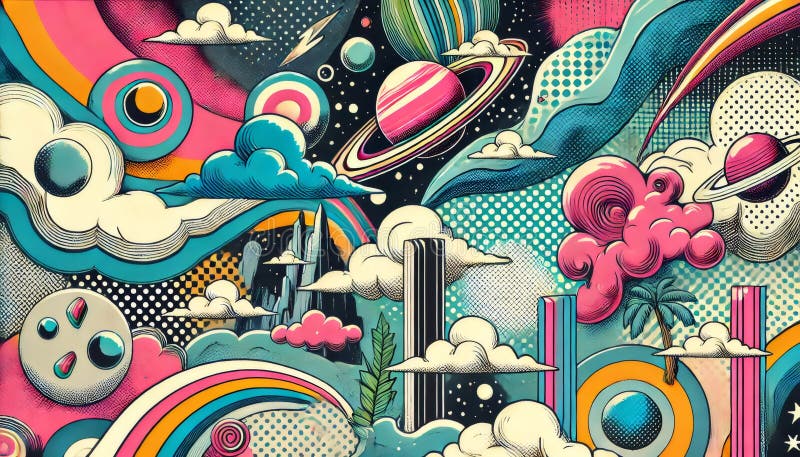Dreamlike Pop Art Illustration Featuring Surreal Landscape with ...