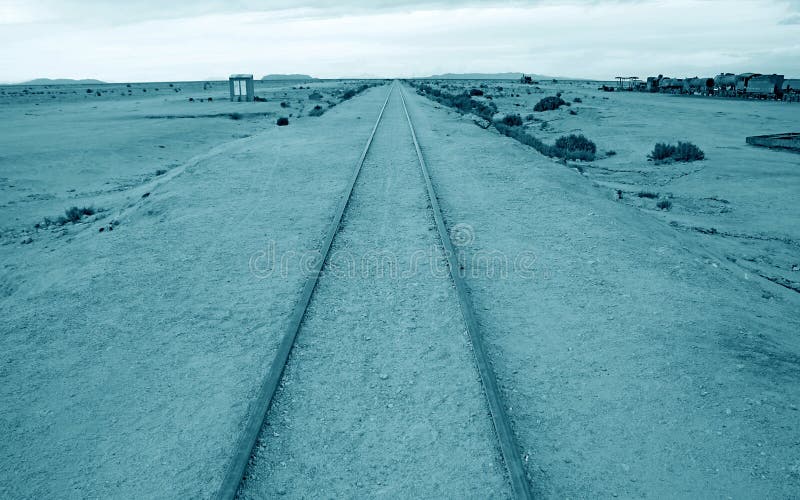 Surreal Style Blue Colored Empty Old Railway Line in a Desert Stock ...