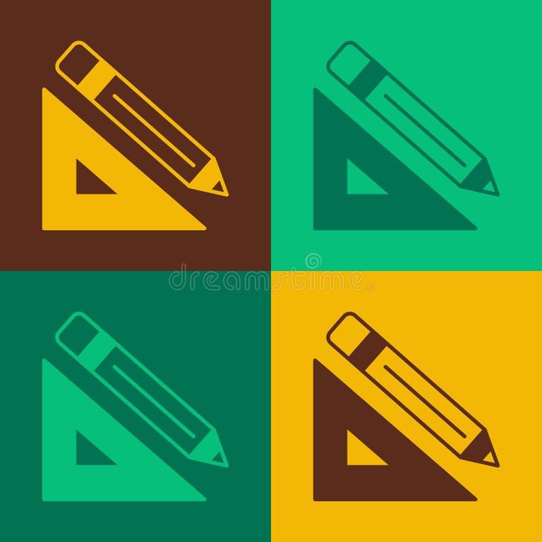 Pop Art Triangular Ruler and Pencil Icon Isolated on Color Background ...