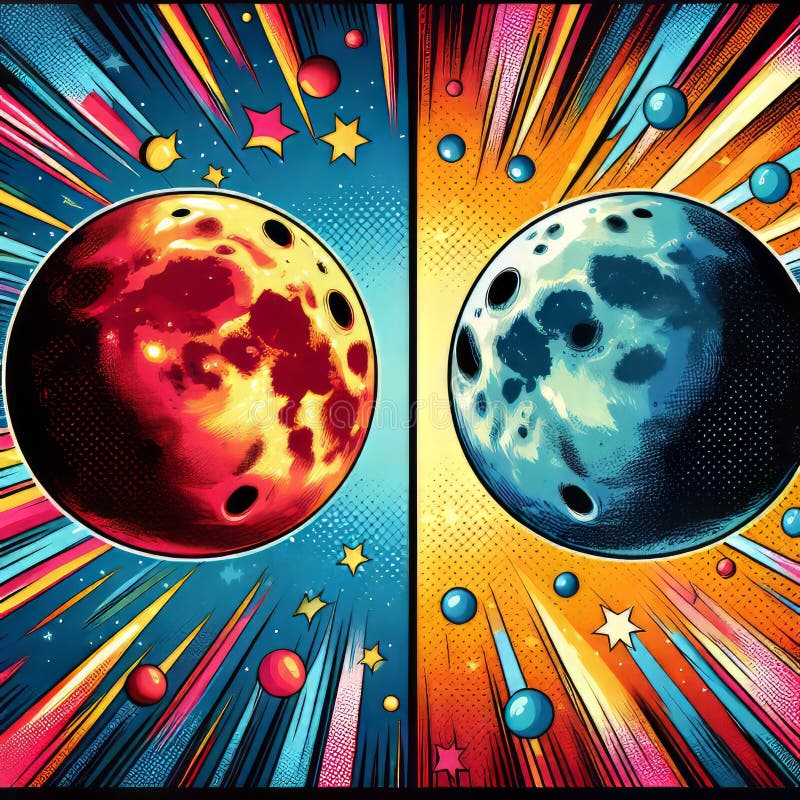 Pop Art â€“ the Two Moons are Rendered in Bright Comic Book Styl Stock ...