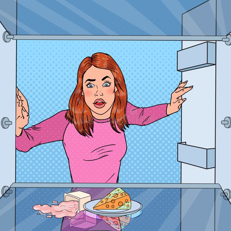 Pop Art Unhappy Hungry Woman Looking in Empty Fridge Stock Vector ...
