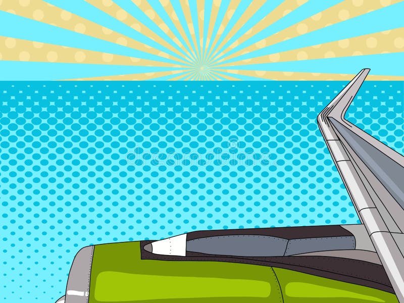 Pop Art View from the Window To the Sky, Wing the Plane. Long Flight ...