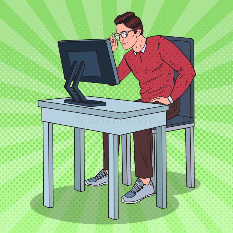 Pop Art Weak-Eyed Man Working at the Computer Stock Vector ...