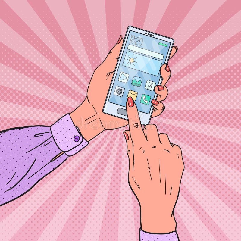 Pop Art Woman Hands Using Smartphone. Mobile Technologies Stock Vector ...