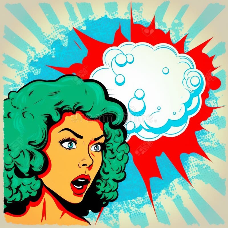 Pop Art Woman Surprise Showing Product Beautiful Girl With Curly Hair