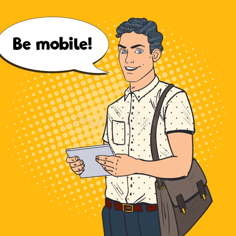 Pop Art Young Man Using Digital Tablet. Guy with Mobile Device Stock ...