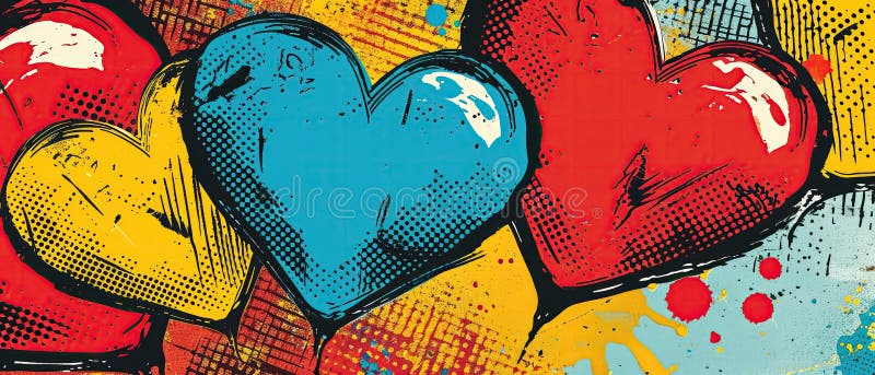 Pop Artstyle Comic Book Hearts in Bold Primary Colors Stock ...