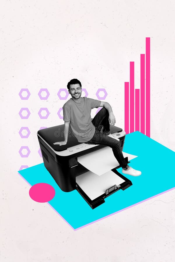 Pop Collage of Young Person Sitting on Copier White Color Background ...