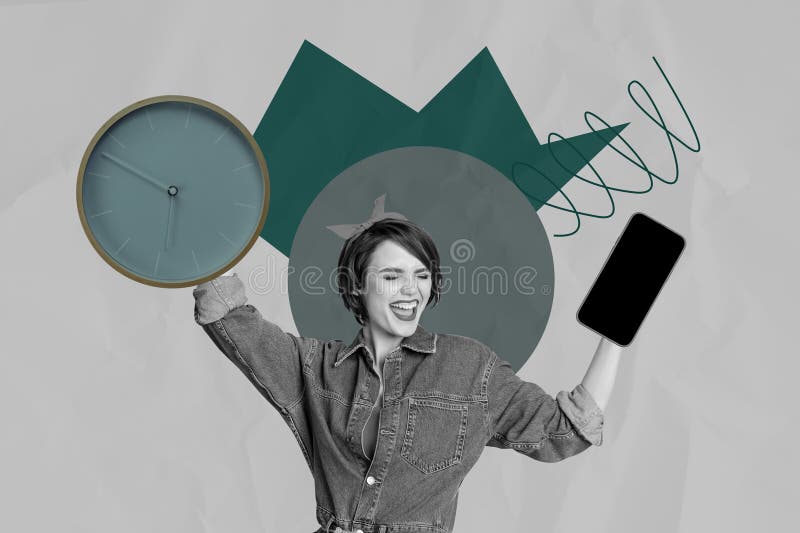 Pop Creative Collage of Person Stand Holding with Clock Gadget Over ...