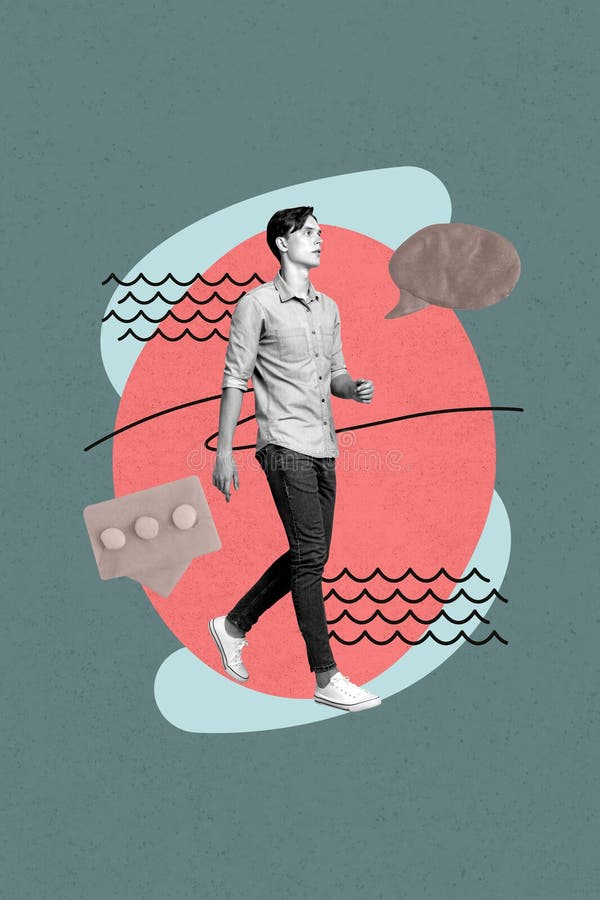 Pop Image Sketch 3d Collage Poster of Happy Guy Walk Communication Icon ...