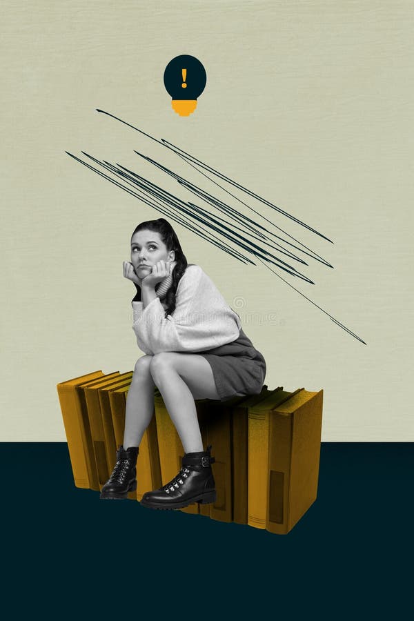 Pop Metaphor Collage of Person Sit Book Think Light Bulb on Khaki ...