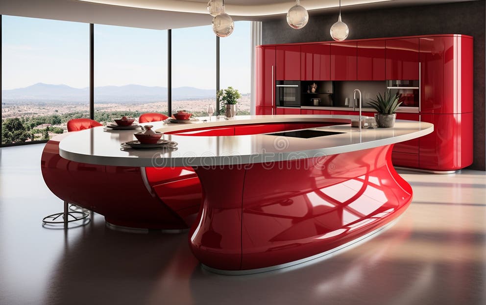 Pop of Red Kitchen Island Generative Ai Stock Image - Image of cooking ...