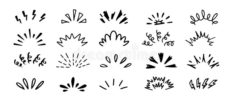 Pop Shine Line Doodle Set. Sunburst Drawing Hand Drawn Elements Stock ...